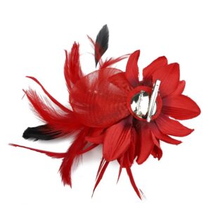 ACTLATI Charming Mesh Feather Hair Clip Women Girls Hairpin Cocktail Party Flower Barrette Fascinator Hat, Red, One Size