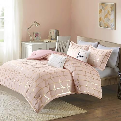 Intelligent Design Raina Comforter Microfiber Metallic Print Geometric Design Embroidered Toss Pillow Modern Trendy Casual All Season Bedding Set Matching Sham, Full/Queen, Blush/Gold 5 Piece