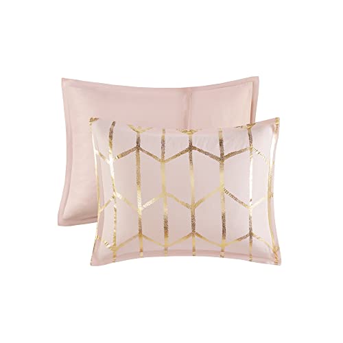 Intelligent Design Raina Comforter Microfiber Metallic Print Geometric Design Embroidered Toss Pillow Modern Trendy Casual All Season Bedding Set Matching Sham, Full/Queen, Blush/Gold 5 Piece