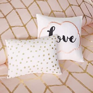 Intelligent Design Raina Comforter Microfiber Metallic Print Geometric Design Embroidered Toss Pillow Modern Trendy Casual All Season Bedding Set Matching Sham, Full/Queen, Blush/Gold 5 Piece