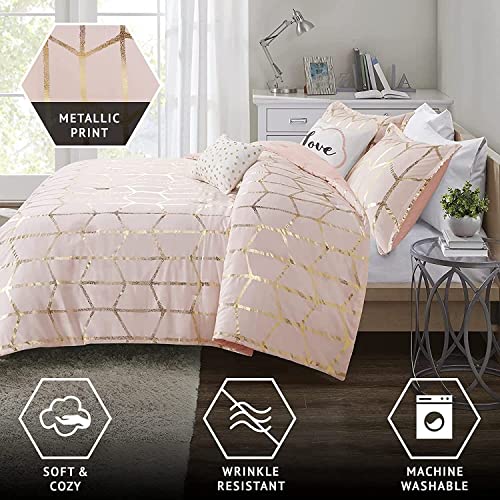 Intelligent Design Raina Comforter Microfiber Metallic Print Geometric Design Embroidered Toss Pillow Modern Trendy Casual All Season Bedding Set Matching Sham, Full/Queen, Blush/Gold 5 Piece