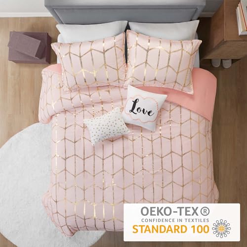 Intelligent Design Raina Comforter Microfiber Metallic Print Geometric Design Embroidered Toss Pillow Modern Trendy Casual All Season Bedding Set Matching Sham, Full/Queen, Blush/Gold 5 Piece