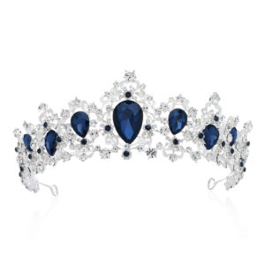 sweetv royal cz crystal tiara for women, blue wedding crown for brides, princess headpieces bridal hair accessories for birthday party pageant, sapphire+silver,eleanor