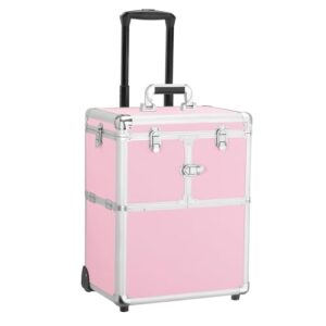 yaheetech professional makeup train case travel makeup trolley rolling cosmetic case beauty train case beauty organizer, pink