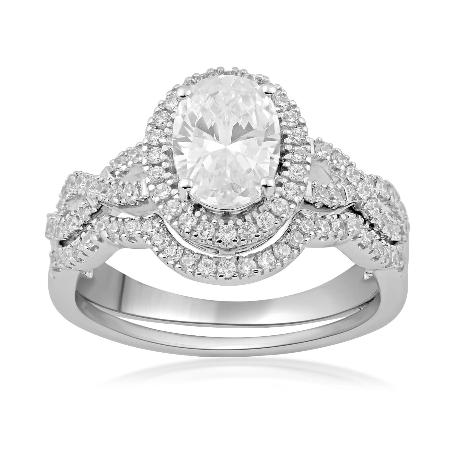 Jewelili Halo Bridal Ring in Sterling Silver with Oval and Round Shape Cubic Zirconia, Size 7