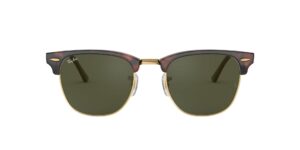 ray-ban rb3016f clubmaster low bridge fit square sunglasses, mock tortoise on gold/g-15 green, 55 mm