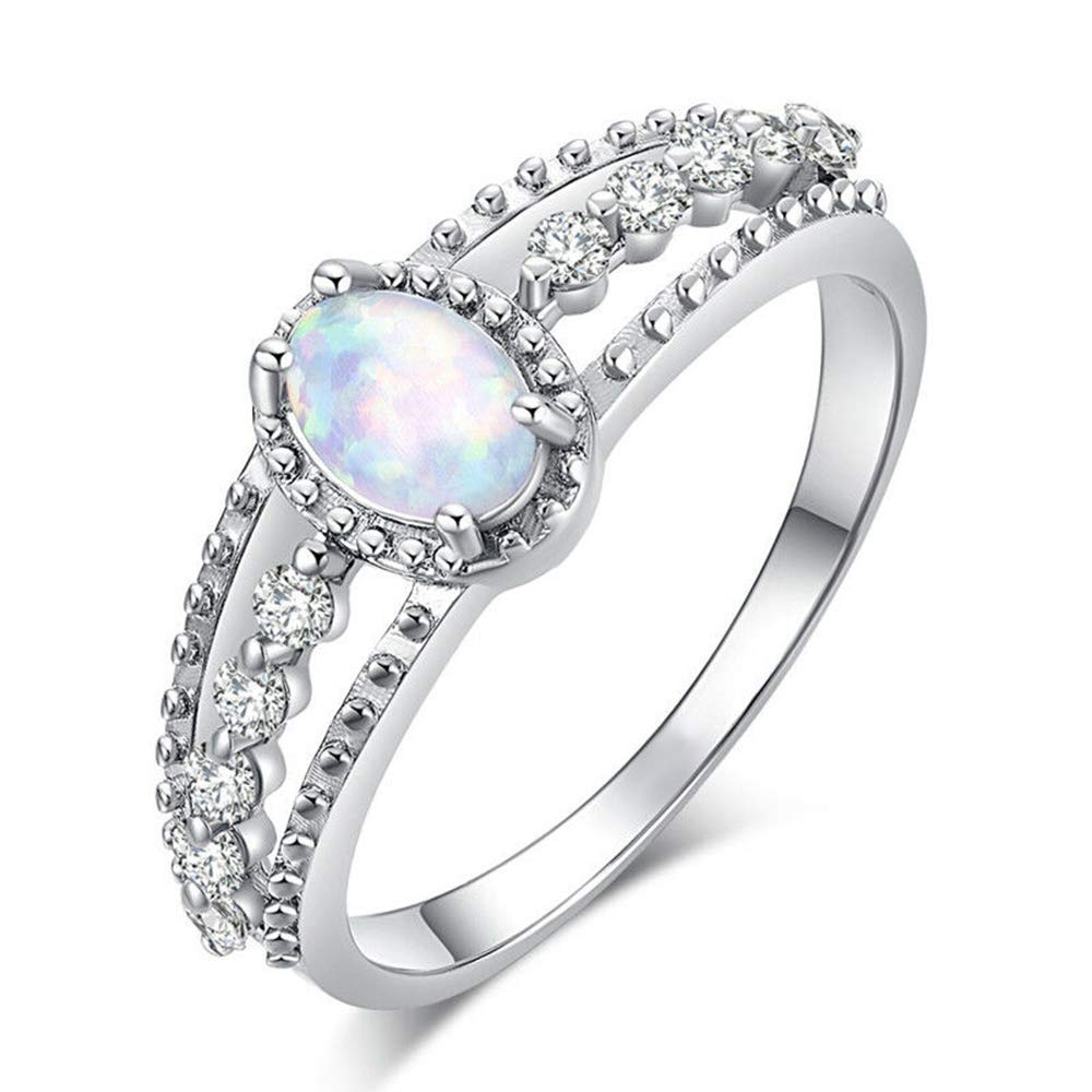 CiNily Opal Wedding Engagement Ring-14K White Gold Plated White Fire Opal with Cubic Zirconia for Women Bridal Gemstone Ring Size 5