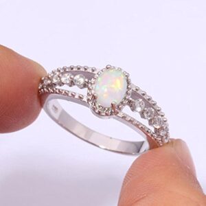 CiNily Opal Wedding Engagement Ring-14K White Gold Plated White Fire Opal with Cubic Zirconia for Women Bridal Gemstone Ring Size 5