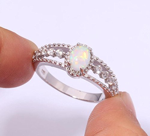 CiNily Opal Wedding Engagement Ring-14K White Gold Plated White Fire Opal with Cubic Zirconia for Women Bridal Gemstone Ring Size 5