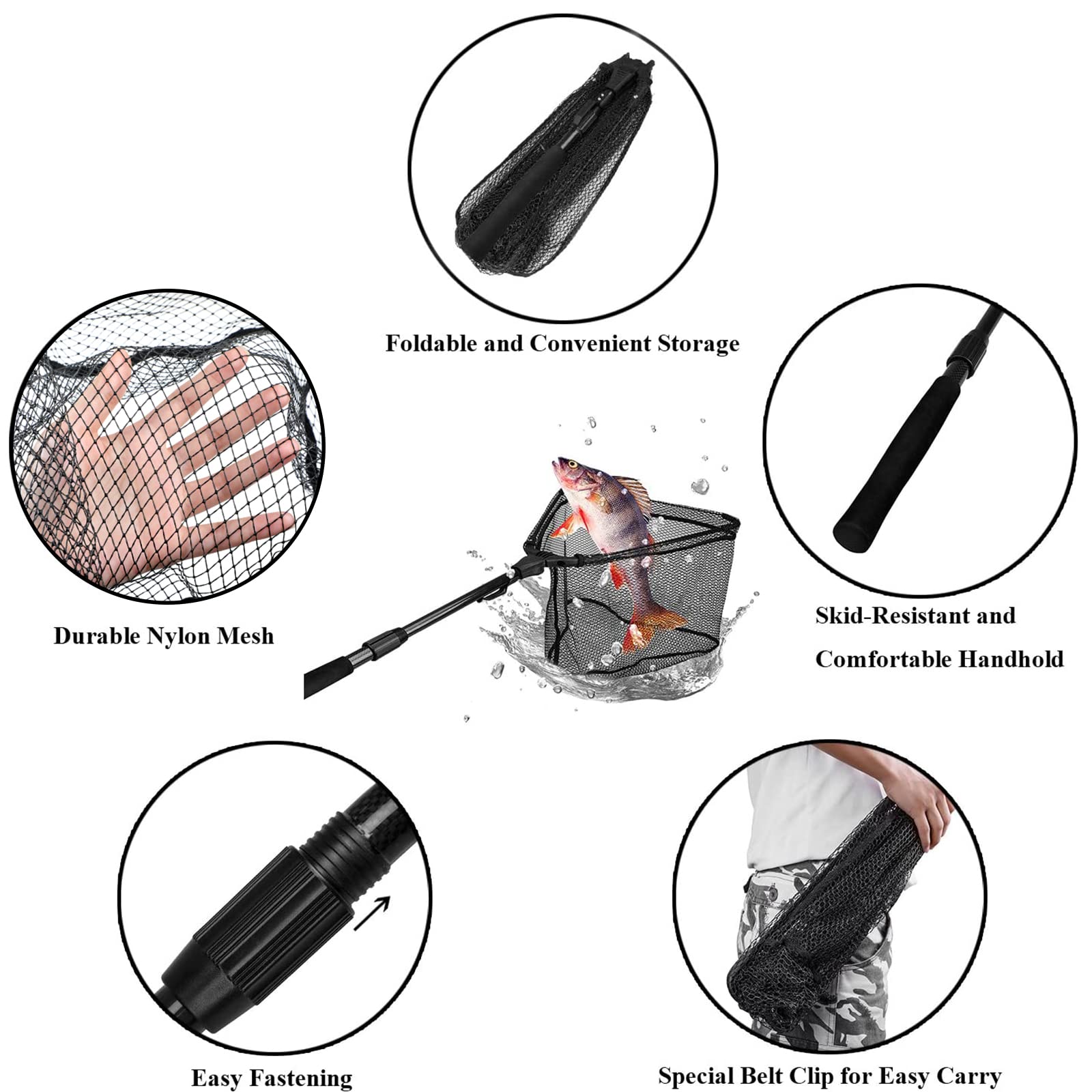 PLUSINNO Fishing Net Fish Landing Net, Foldable Collapsible Telescopic Pole Handle, Durable Nylon Material Mesh, Safe Fish Catching or Releasing (16")