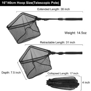 PLUSINNO Fishing Net Fish Landing Net, Foldable Collapsible Telescopic Pole Handle, Durable Nylon Material Mesh, Safe Fish Catching or Releasing (16")