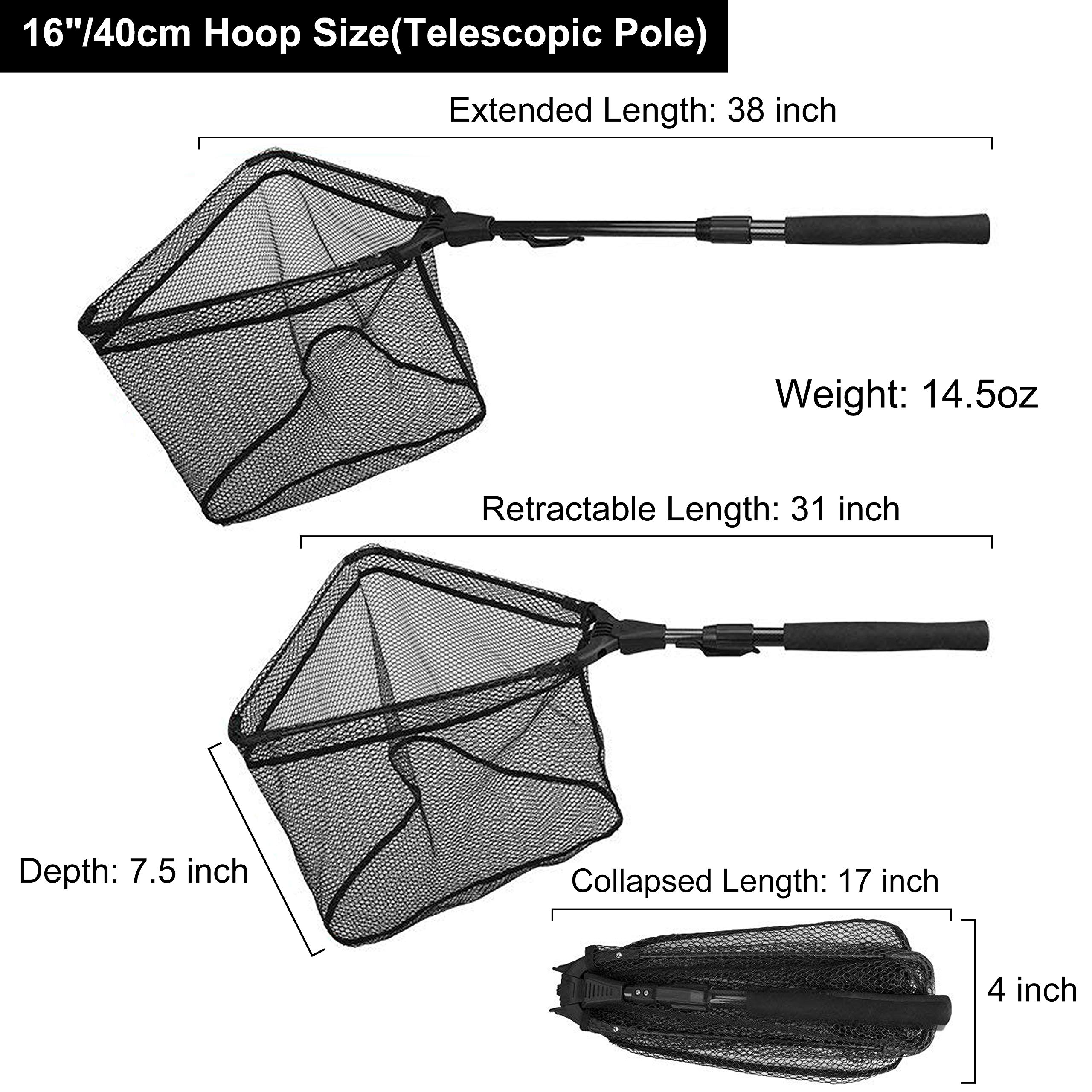 PLUSINNO Fishing Net Fish Landing Net, Foldable Collapsible Telescopic Pole Handle, Durable Nylon Material Mesh, Safe Fish Catching or Releasing (16")