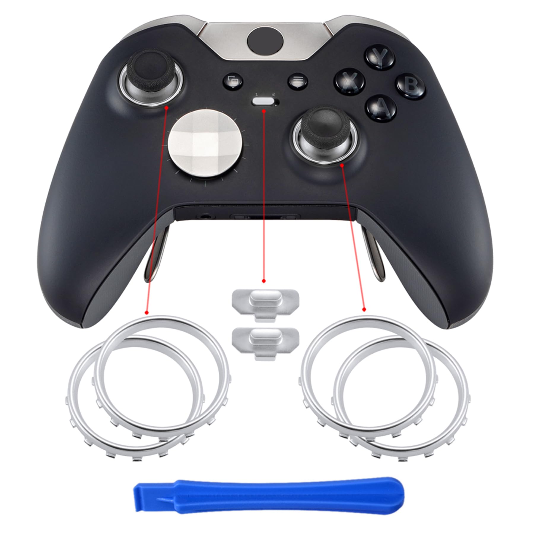 eXtremeRate Matte Chrome Silver Accent Rings Accessories for Xbox One Elite Controller, Replacement Parts Profile Switch Buttons for Xbox One Elite Controller (Model 1698) - Pack of 2