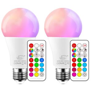 ilc color changing led light bulbs, 70w equivalent, 2700k warm white a19 e26 screw edison base rgbw dimmable - 12 color choices - timing infrared remote control included (2 pack)