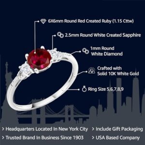 Gem Stone King 10K White Gold 6MM Round Gemstone Birthstone White Created Sapphire & White Diamond Accent 3-Stone Engagement Ring | Three-Stone Wedding Anniversary Promise Ring For Women