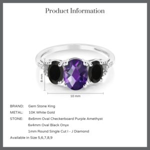 Gem Stone King 10K White Gold Checkerboard Purple Amethyst Black Onyx and Diamond Accent 3-Stone Engagement Ring For Women (1.83 Cttw, Gemstone Birthstone) (Size 7)