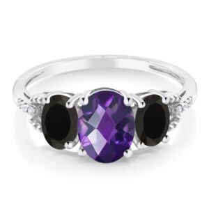 Gem Stone King 10K White Gold Checkerboard Purple Amethyst Black Onyx and Diamond Accent 3-Stone Engagement Ring For Women (1.83 Cttw, Gemstone Birthstone) (Size 7)