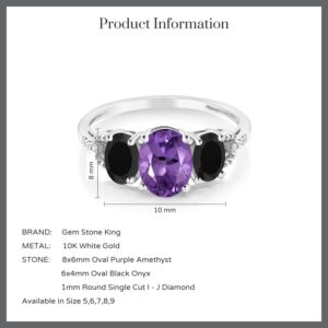 Gem Stone King 10K White Gold Oval Purple Amethyst Black Onyx and White Diamond Accent 3-Stone Women Engagement Ring (1.83 Cttw, Gemstone Birthstone) (Size 5)