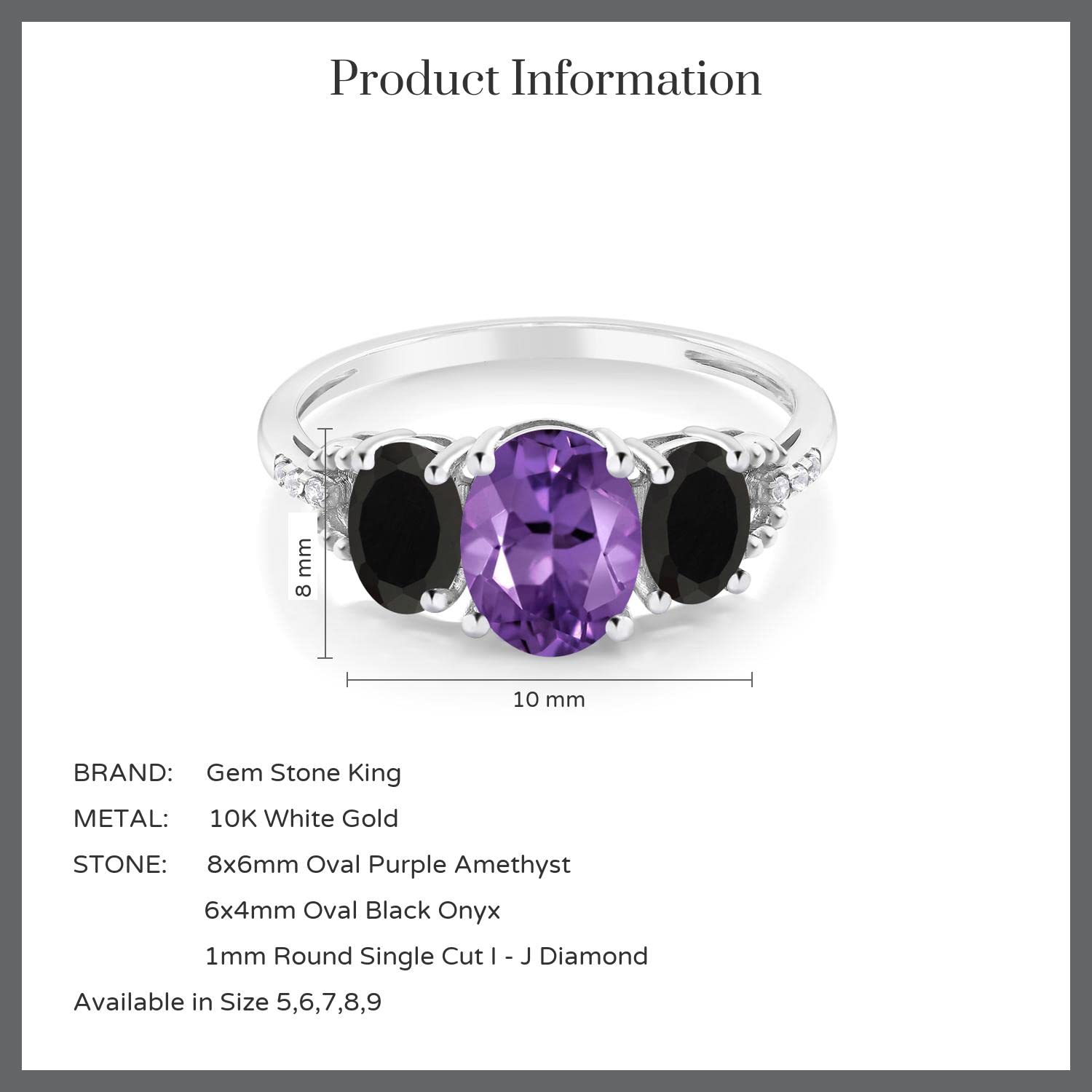 Gem Stone King 10K White Gold Oval Purple Amethyst Black Onyx and White Diamond Accent 3-Stone Women Engagement Ring (1.83 Cttw, Gemstone Birthstone) (Size 5)