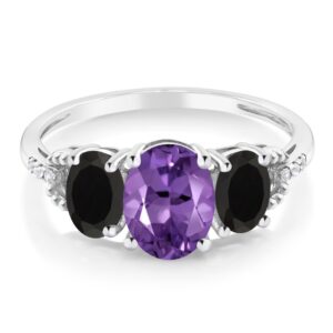 Gem Stone King 10K White Gold Oval Purple Amethyst Black Onyx and White Diamond Accent 3-Stone Women Engagement Ring (1.83 Cttw, Gemstone Birthstone) (Size 5)