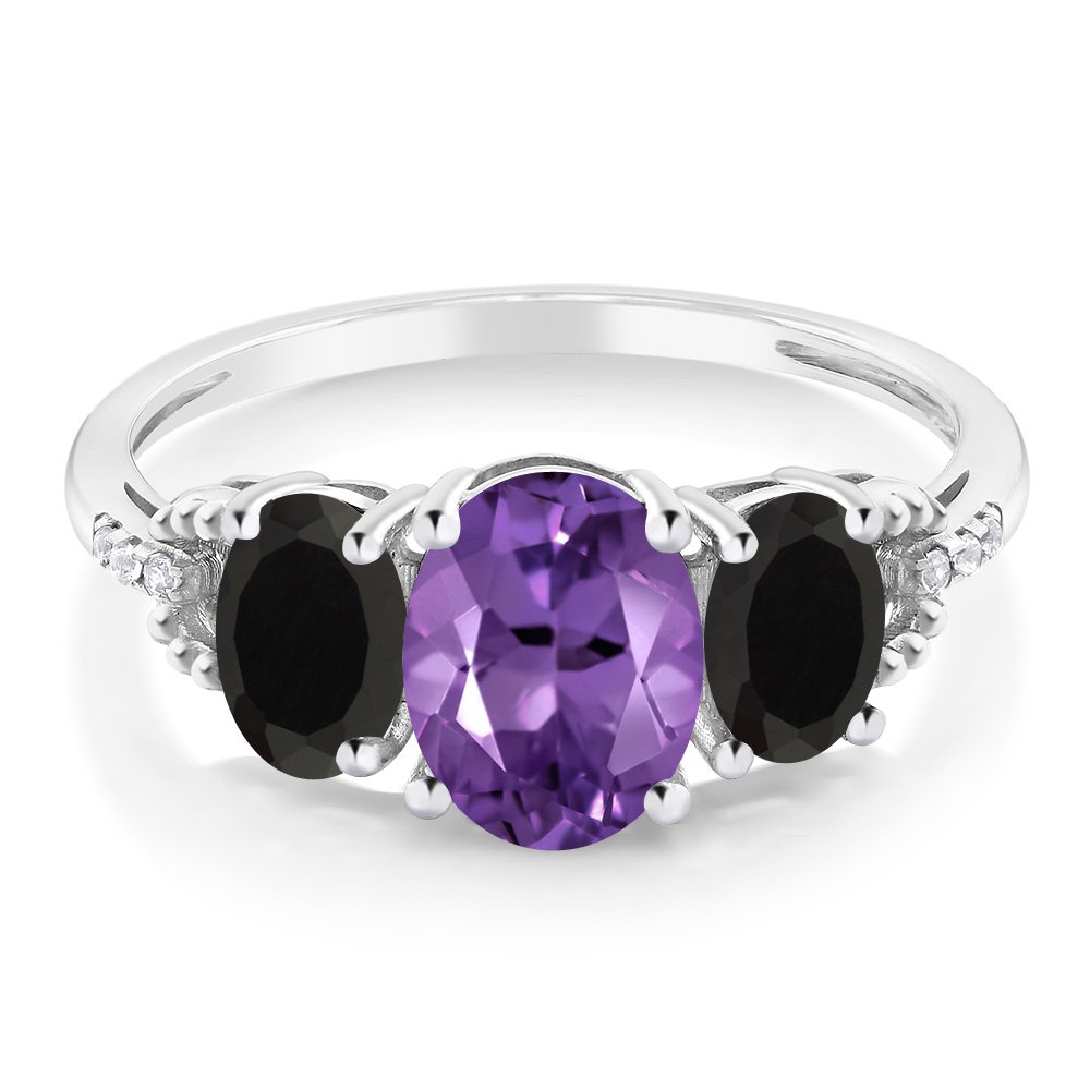 Gem Stone King 10K White Gold Oval Purple Amethyst Black Onyx and White Diamond Accent 3-Stone Women Engagement Ring (1.83 Cttw, Gemstone Birthstone) (Size 5)