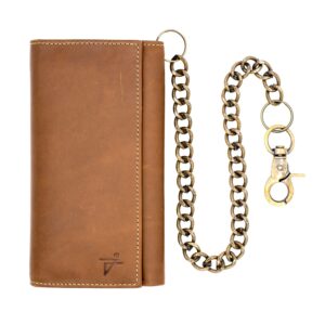 rfid blocking mens tri-fold long style cowhide leather chain wallet designed in the usa (vintage brown)