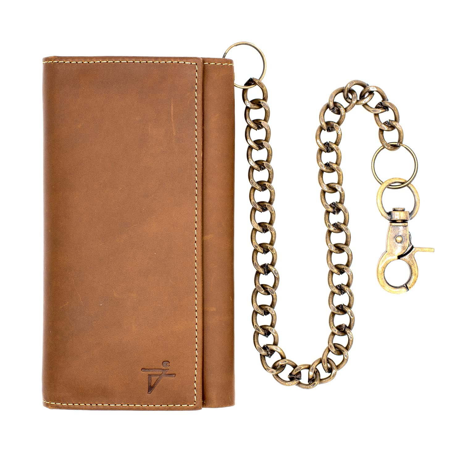 RFID Blocking Mens Tri-fold Long Style Cowhide Leather Chain Wallet Designed in the USA (vintage Brown)