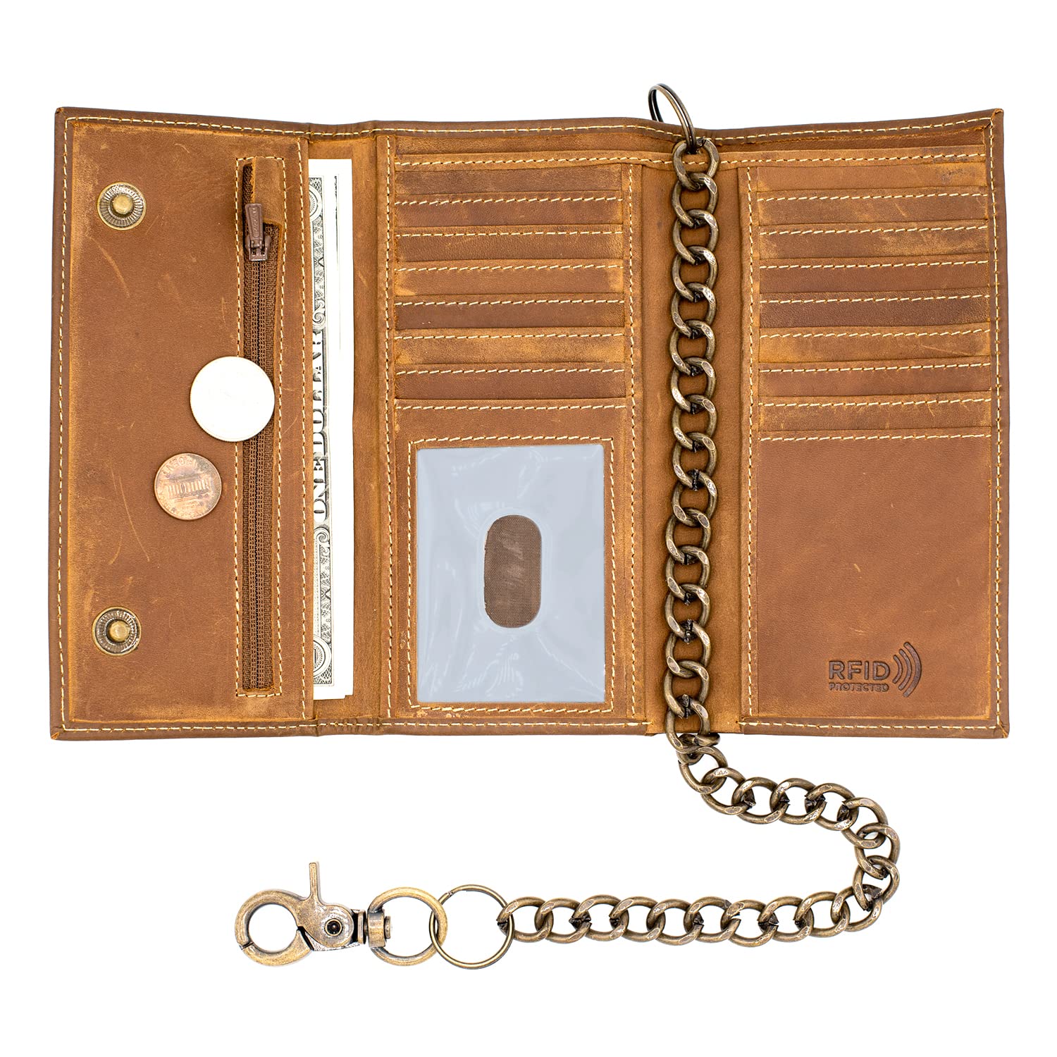 RFID Blocking Mens Tri-fold Long Style Cowhide Leather Chain Wallet Designed in the USA (vintage Brown)