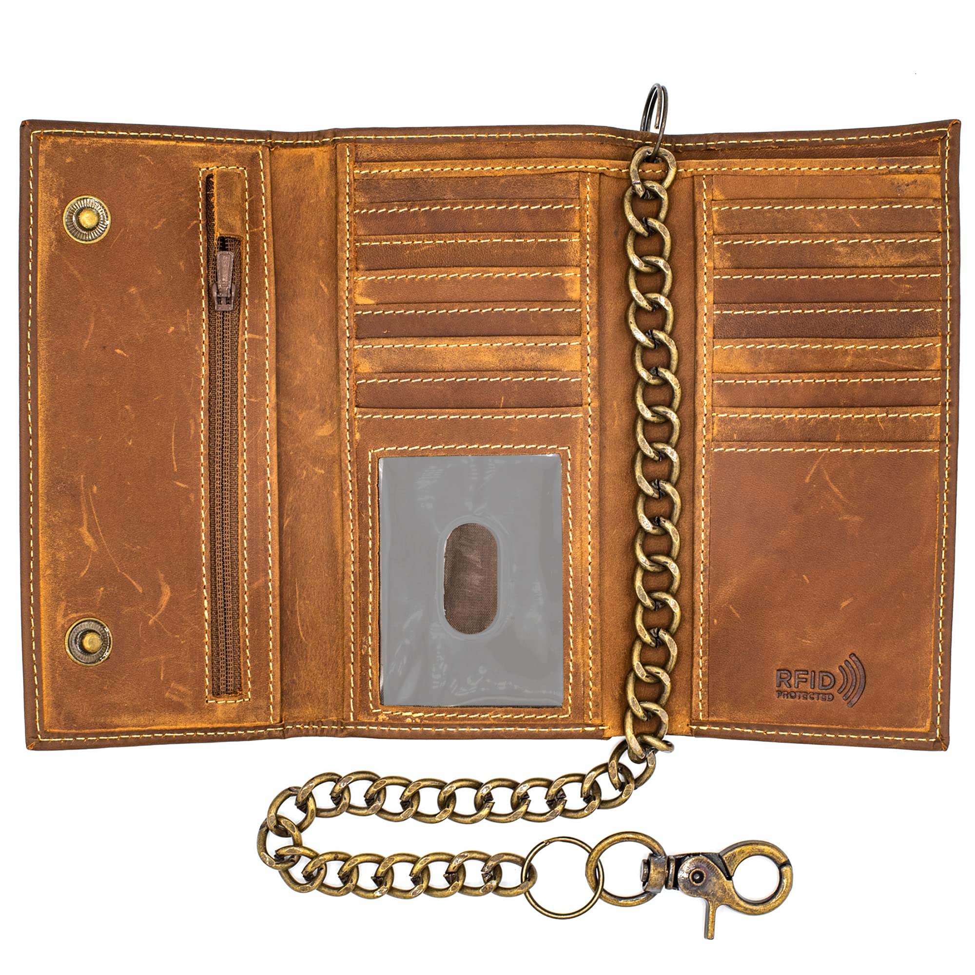 RFID Blocking Mens Tri-fold Long Style Cowhide Leather Chain Wallet Designed in the USA (vintage Brown)