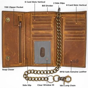 RFID Blocking Mens Tri-fold Long Style Cowhide Leather Chain Wallet Designed in the USA (vintage Brown)