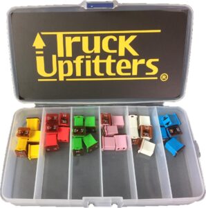 truck upfitters 30 pc automotive low profile jcase compatible box shaped fuse kit for foreign and domestic pickup trucks, cars and suvs. comes with carrying case & 20, 25, 30, 40, 50, & 60 amp fuses!