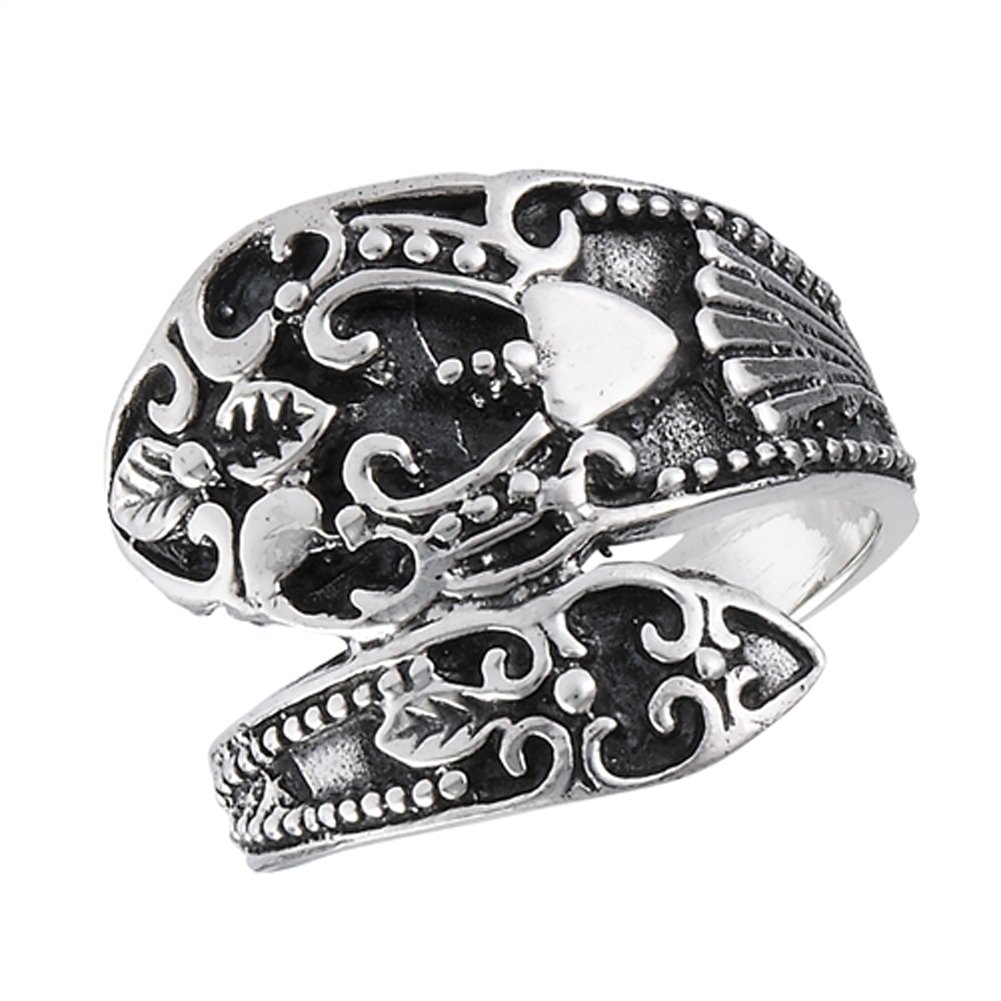 Oxidized Vintage Filigree Heart Spoon Ring Sterling Silver Thumb Band Size 8