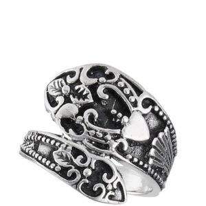 Oxidized Vintage Filigree Heart Spoon Ring Sterling Silver Thumb Band Size 8