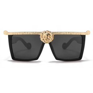 Dollger Square Flat Top Millionaire Hip Hop Luxury Sunglasses for Women Mens Shades(Black Lens+Gold Frame)