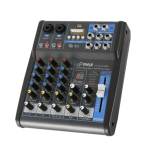 pyle professional audio mixer sound board console system interface 4 channel digital usb bluetooth mp3 computer input 48v phantom power stereo dj studio streaming fx 16-bit dsp processor-pmxu43bt