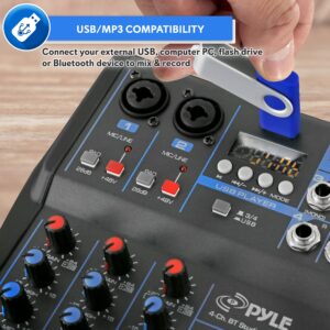 Pyle Professional Audio Mixer Sound Board Console System Interface 4 Channel Digital USB Bluetooth MP3 Computer Input 48V Phantom Power Stereo DJ Studio Streaming FX 16-Bit DSP processor-PMXU43BT