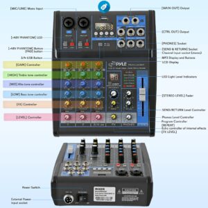 Pyle Professional Audio Mixer Sound Board Console System Interface 4 Channel Digital USB Bluetooth MP3 Computer Input 48V Phantom Power Stereo DJ Studio Streaming FX 16-Bit DSP processor-PMXU43BT