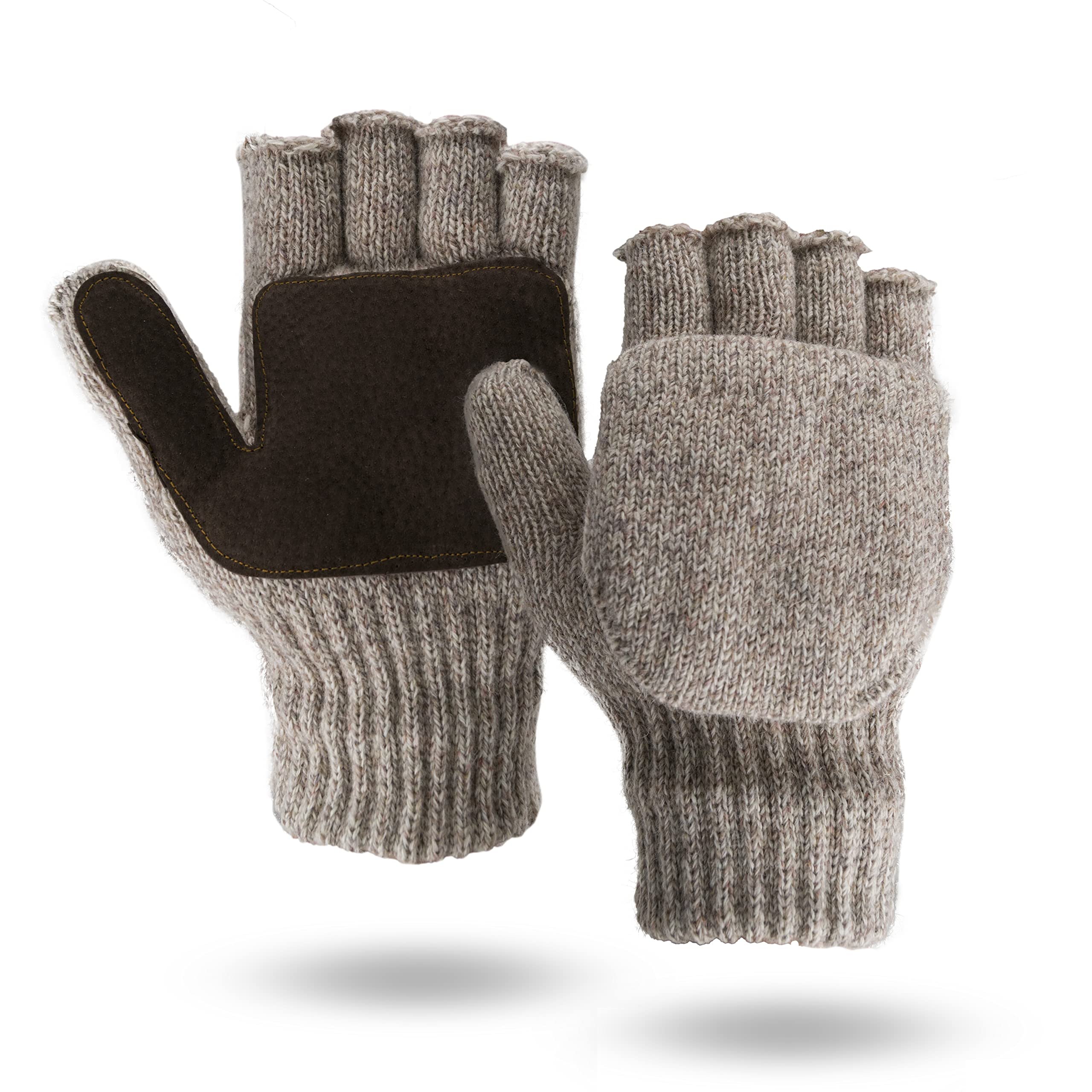 Illinois Glove Company 360M Ragg Wool Glomitt Flip Mitten 3M Thinsulate Lined Soft Leather Grip Palm Woman's Medium Tan, Soft Leather Palm for Grip, Elastic Wrist