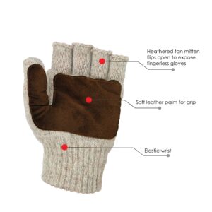 Illinois Glove Company 360M Ragg Wool Glomitt Flip Mitten 3M Thinsulate Lined Soft Leather Grip Palm Woman's Medium Tan, Soft Leather Palm for Grip, Elastic Wrist