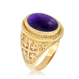 religious jewelry by lablingz 14k yellow gold jerusalem cross purple amethyst cabochon february birthstone ring (10.5)