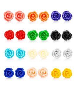 loyallook 12 pairs assorted colors resin rose flower earring studs set stainless steel post,nickel-free 10mm