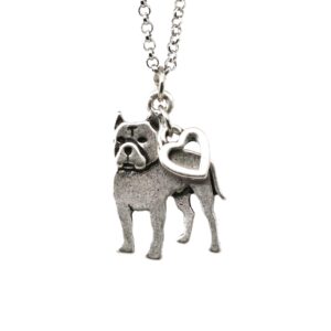 pitbull charm necklace, pitty dog lover gift, silver metal with heart pendant on a chain, ladies i love pit bull short hair