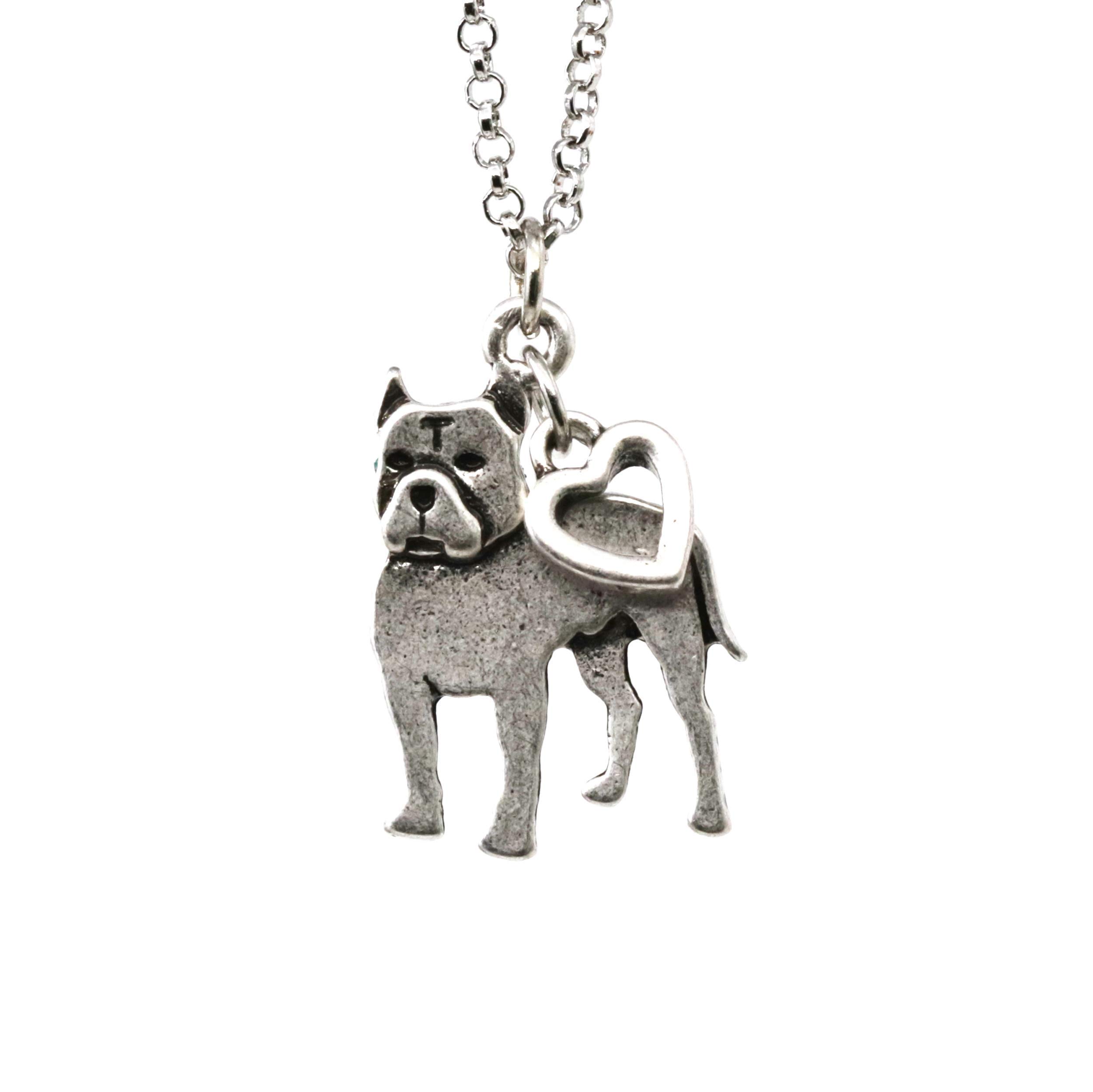 Pitbull Charm Necklace, Pitty Dog Lover Gift, Silver Metal with Heart Pendant on a Chain, Ladies I Love Pit Bull Short Hair