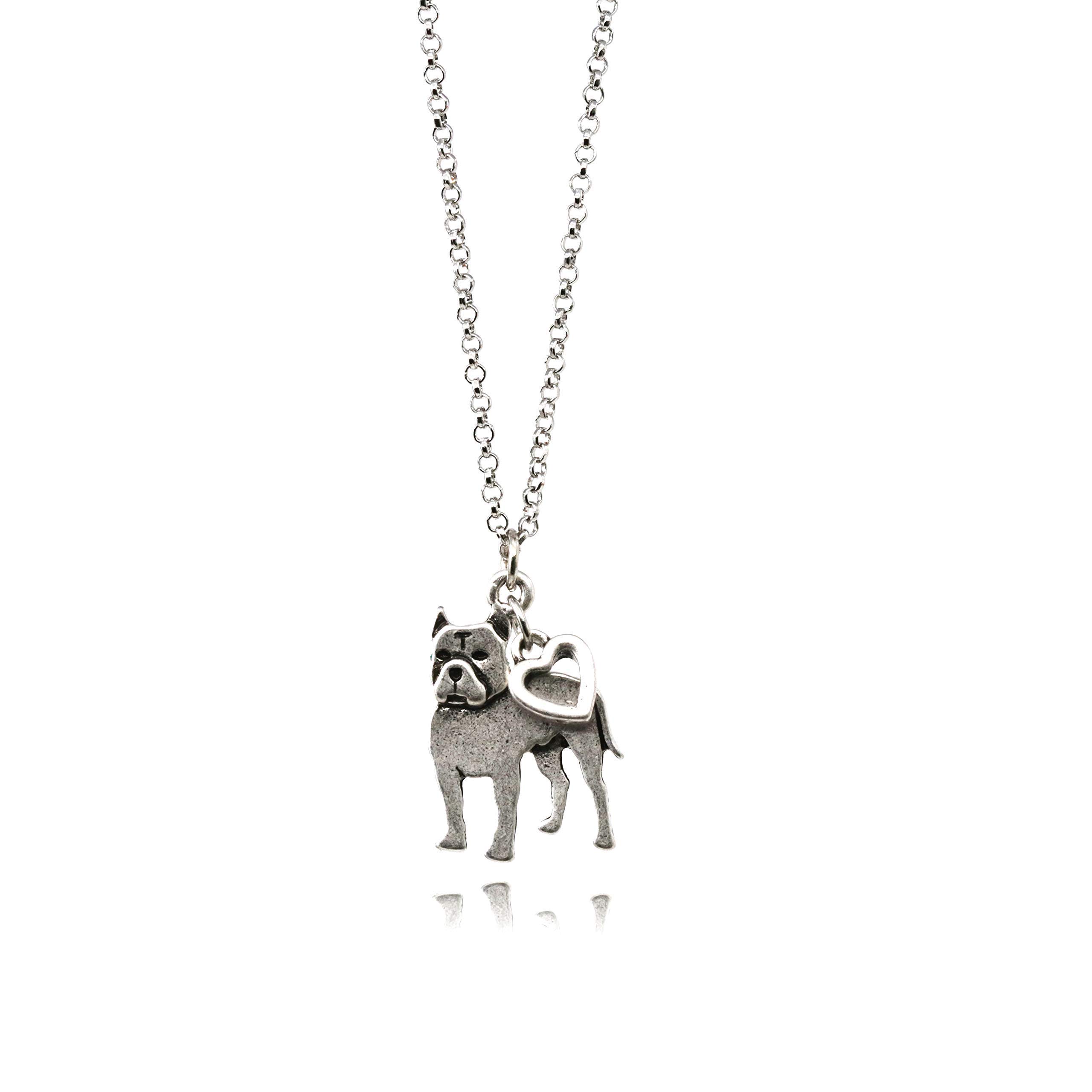 Pitbull Charm Necklace, Pitty Dog Lover Gift, Silver Metal with Heart Pendant on a Chain, Ladies I Love Pit Bull Short Hair