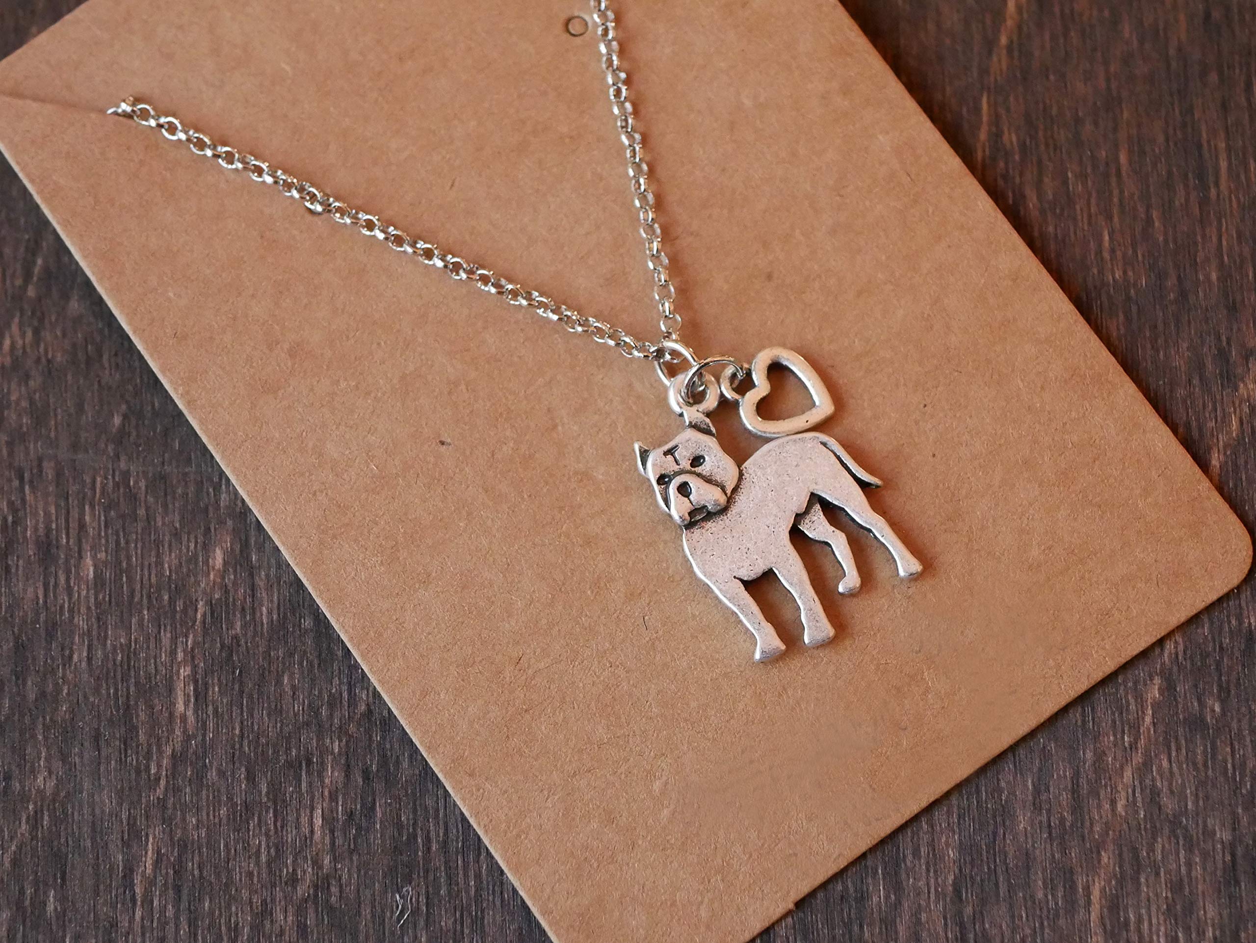 Pitbull Charm Necklace, Pitty Dog Lover Gift, Silver Metal with Heart Pendant on a Chain, Ladies I Love Pit Bull Short Hair