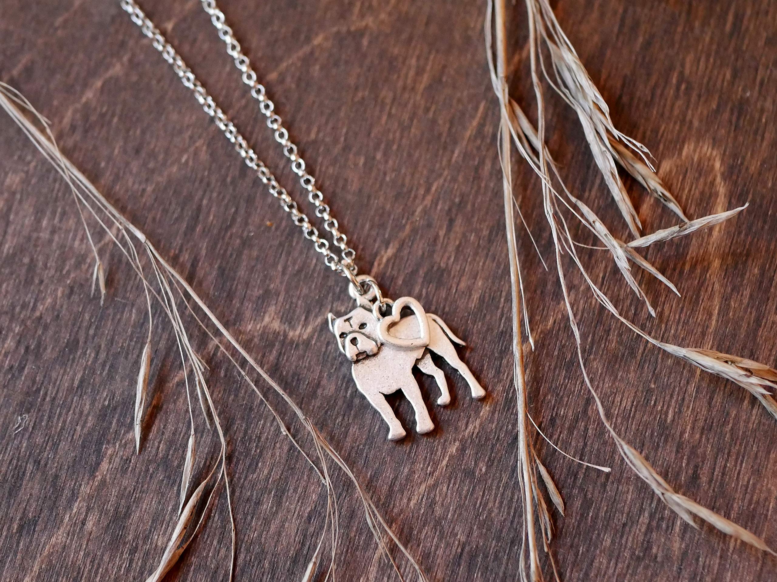 Pitbull Charm Necklace, Pitty Dog Lover Gift, Silver Metal with Heart Pendant on a Chain, Ladies I Love Pit Bull Short Hair