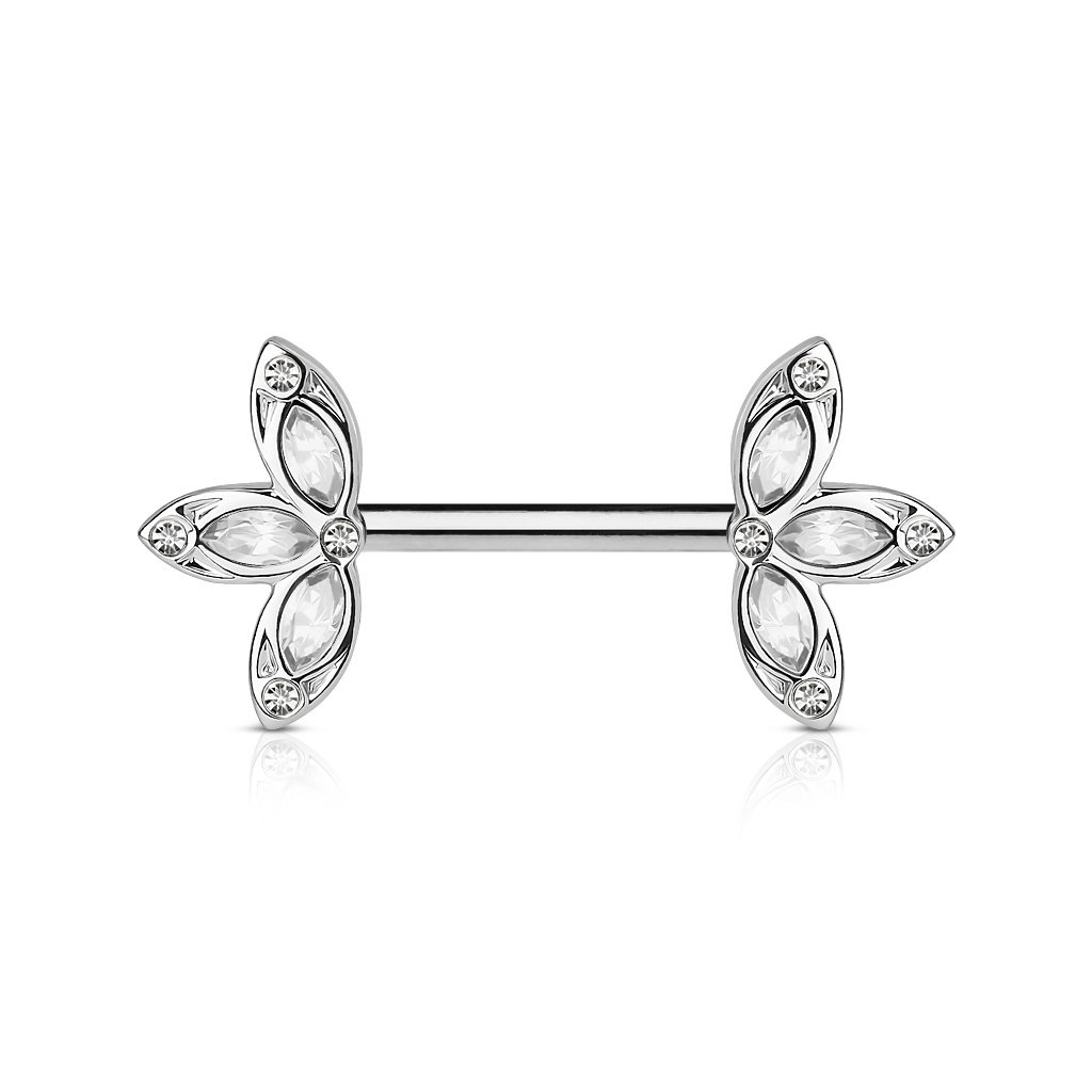 Crystal Set Three Petal Flower Ends 316L Surgical Steel WildKlass Nipple Barbells (Clear)