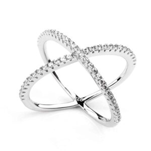 lemon grass womens criss cross ring x ring micropave cz inlay in silver rhodium plating size 7