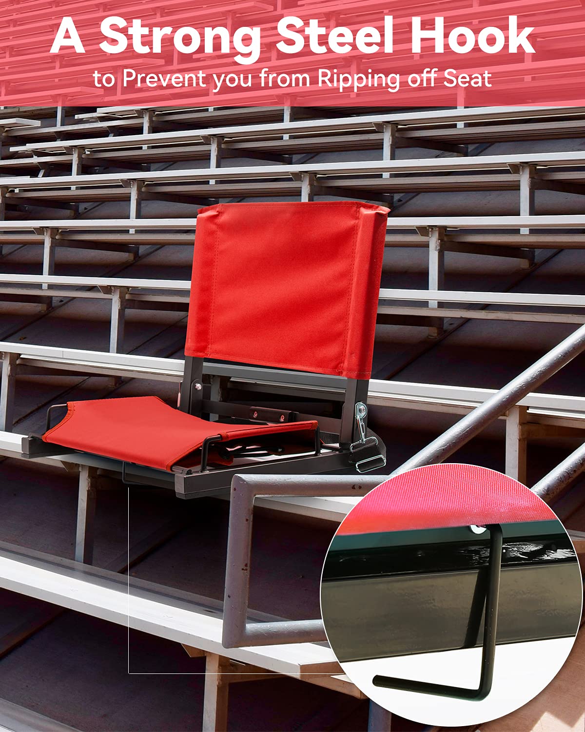 Ohuhu Stadium Seats with Back Support Bleacher Chairs with Backrest Portable Bleacher Seat with Shoulder Straps and Hook for Sports Events Baseball Soccer Kayak Boat, Red