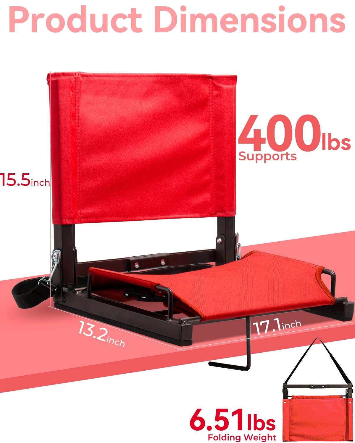 Ohuhu Stadium Seats with Back Support Bleacher Chairs with Backrest Portable Bleacher Seat with Shoulder Straps and Hook for Sports Events Baseball Soccer Kayak Boat, Red